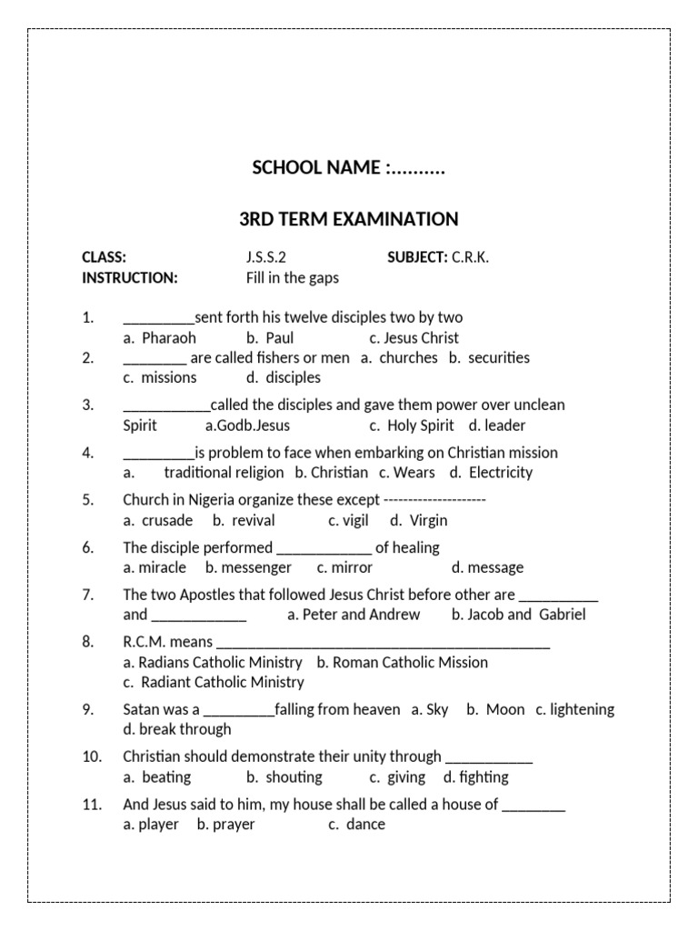 JS2 Third Term Exam Questions | PDF | Jesus | Drawing