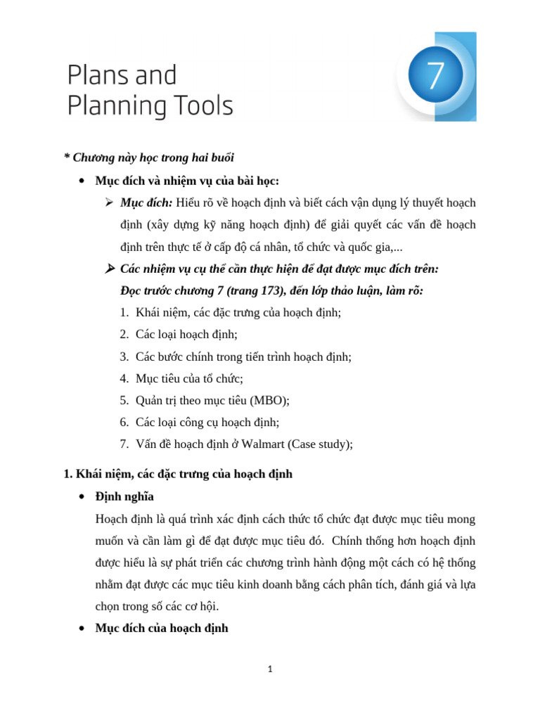 Tóm tắt Chương 7 Plans and Planning tools (học 3 buổi) | PDF