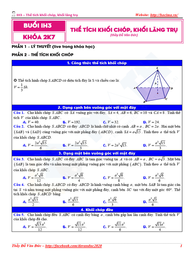 IH3 - Thể Tích Khối Chóp, Thể Tích Khối Lăng Trụ | PDF