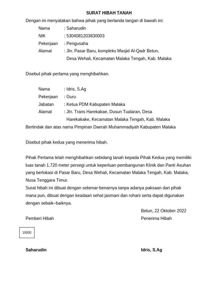 Contoh Surat Hibah Tanah Format Word | PDF