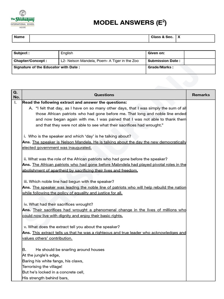 Model Ans. Class X Nelson Mandela, Tiger in The Zoo 2024-25 | PDF