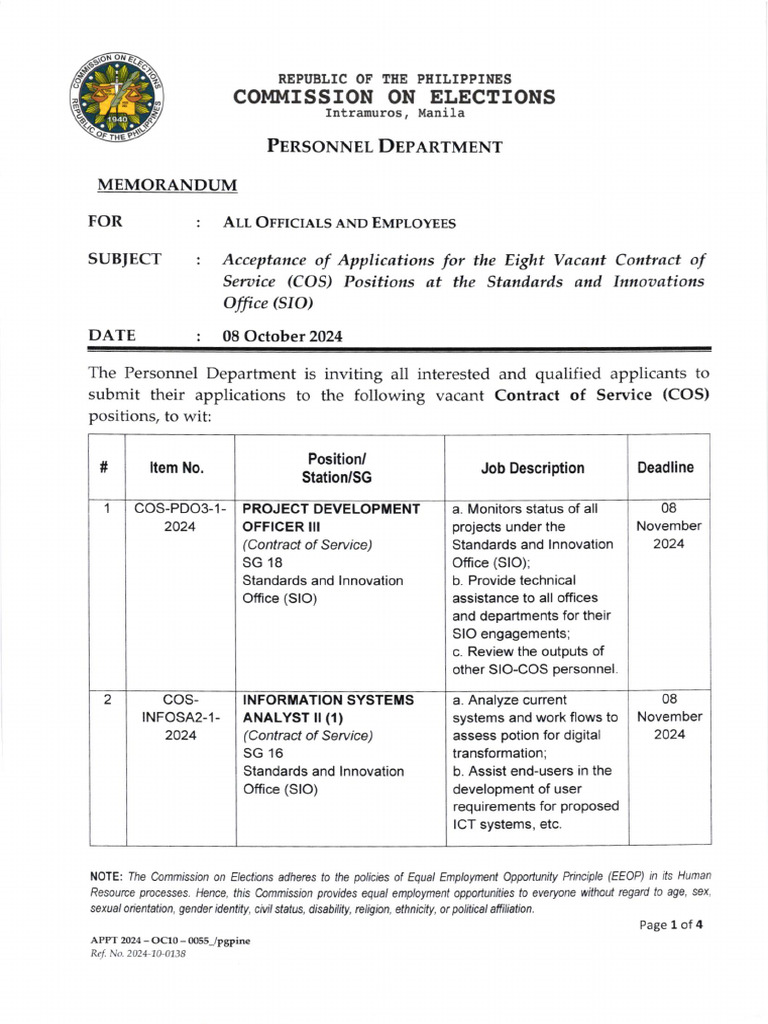 APPT 2024 - OC10 - 0055_TO ALL - Acceptance of Applications for the 8 COS Positions in SIO | PDF ...