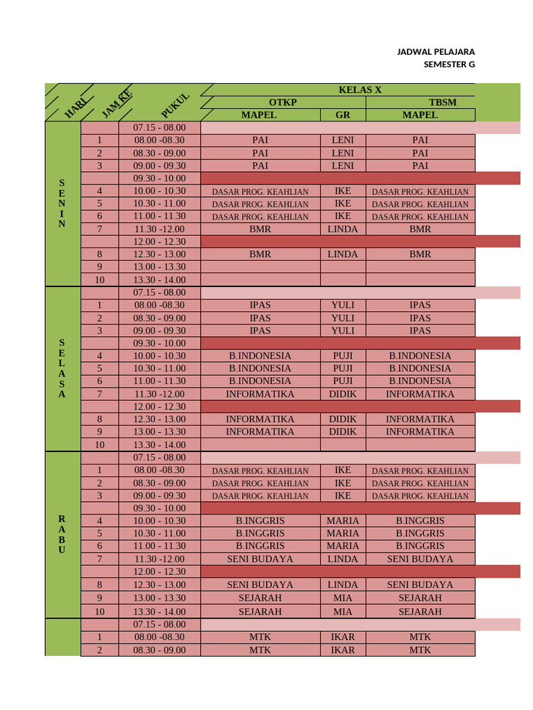 Jadwal Pelajaran Smk Jj 2022 Ganjil | PDF