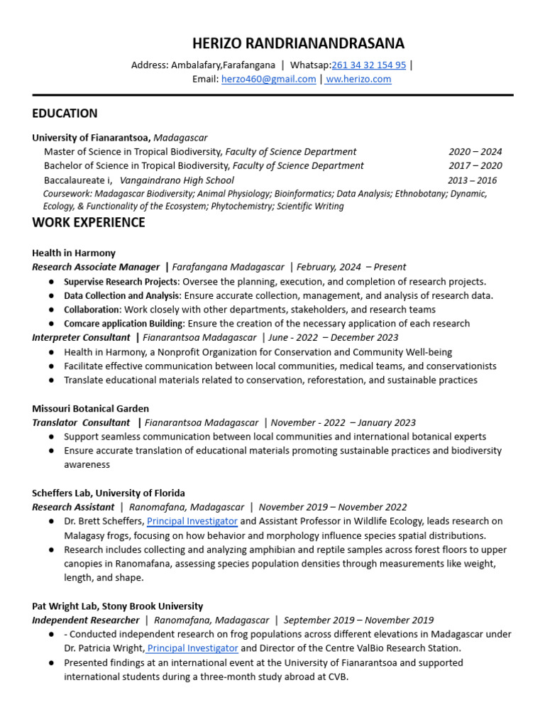 Nov - Herizo Resume en - Updated November 2024 | PDF | Conservation ...