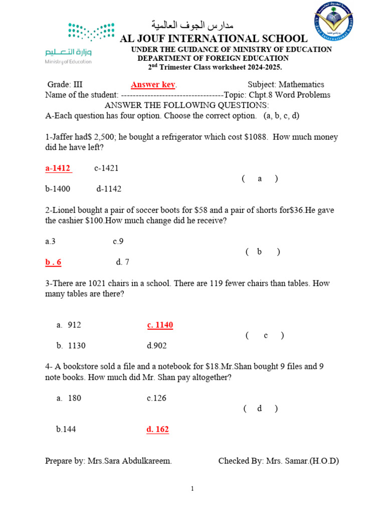 Grade-3 Maths Word Problems Chapter 8. W-Sheet. - Ans Key 2 | PDF
