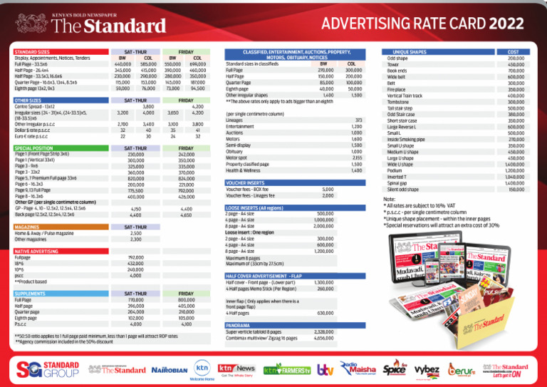 Standard Newspaper Rate Card 2022 | PDF