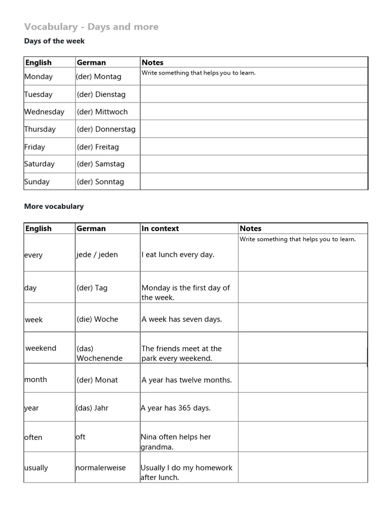 At home-Vocabulary - Days and more | PDF