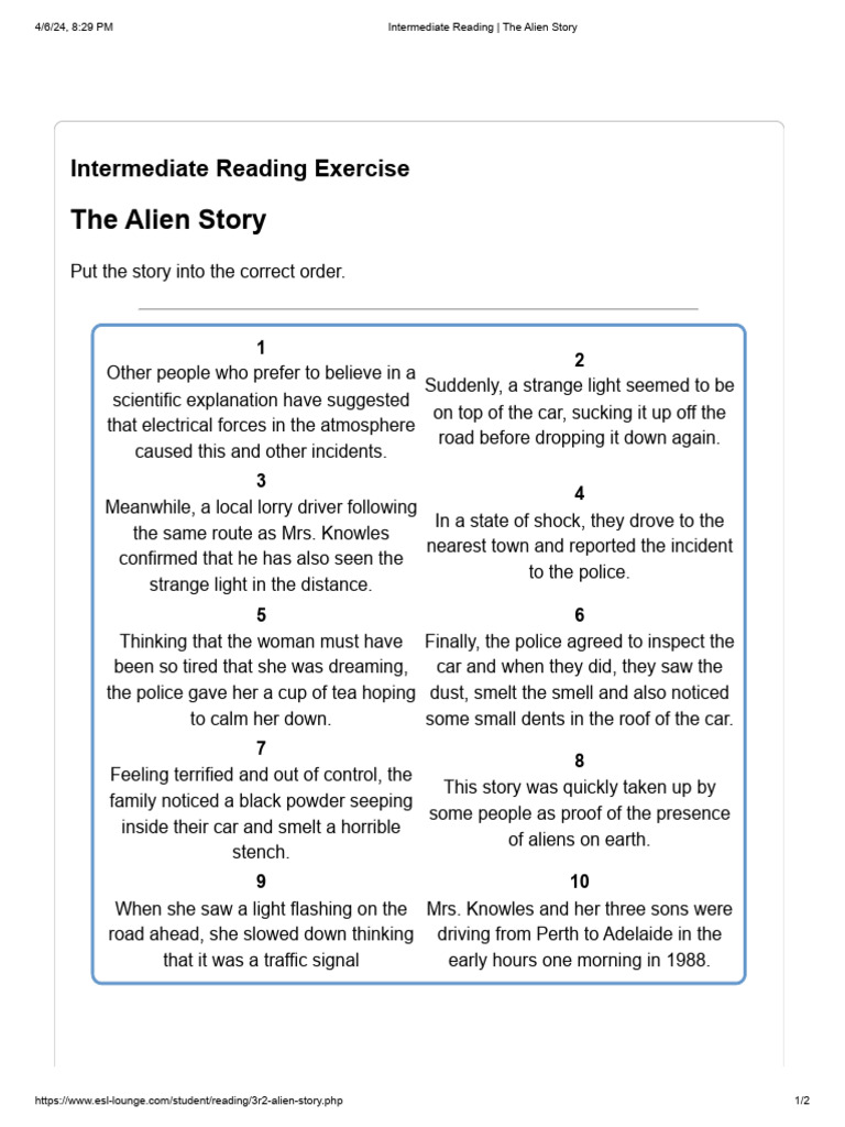 Intermediate Reading - The Alien Story | PDF