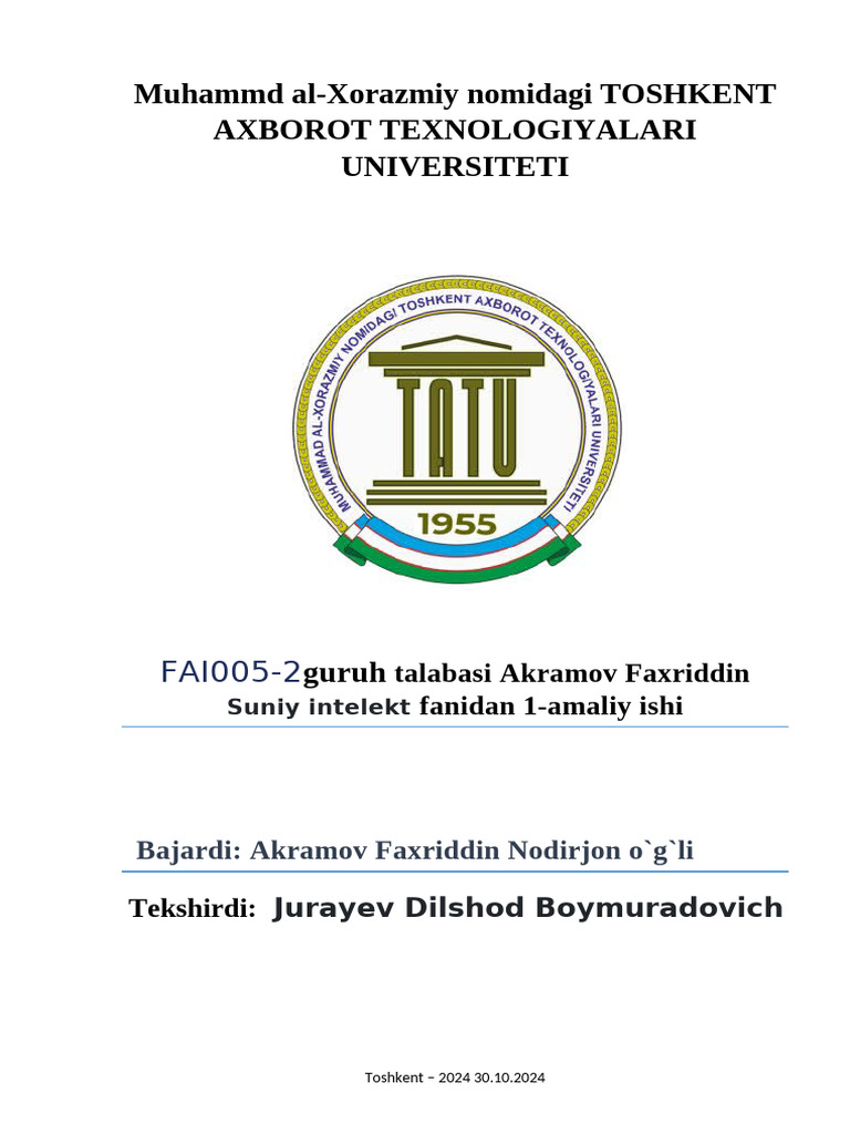 1-amaliy ish suniy intelekt hjksadhfxsdlvjdcbdch | PDF