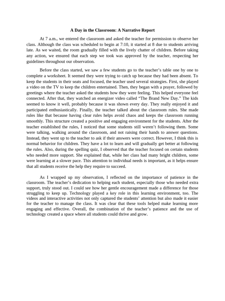 Narrative Report (Observation) | PDF | Teachers | Classroom