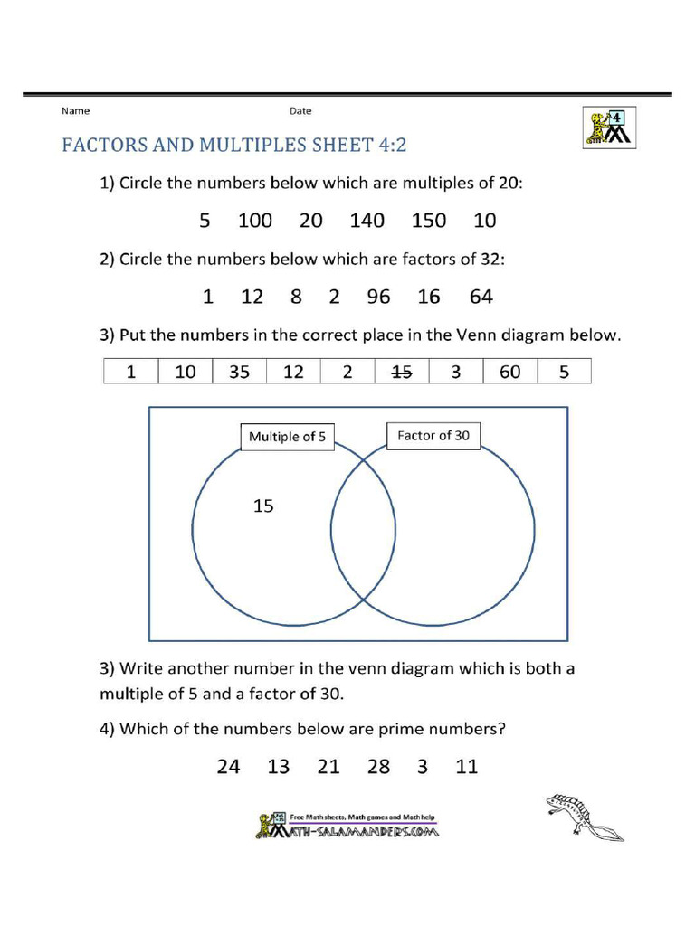 Factors and Multiples Worksheet 4 2 | PDF