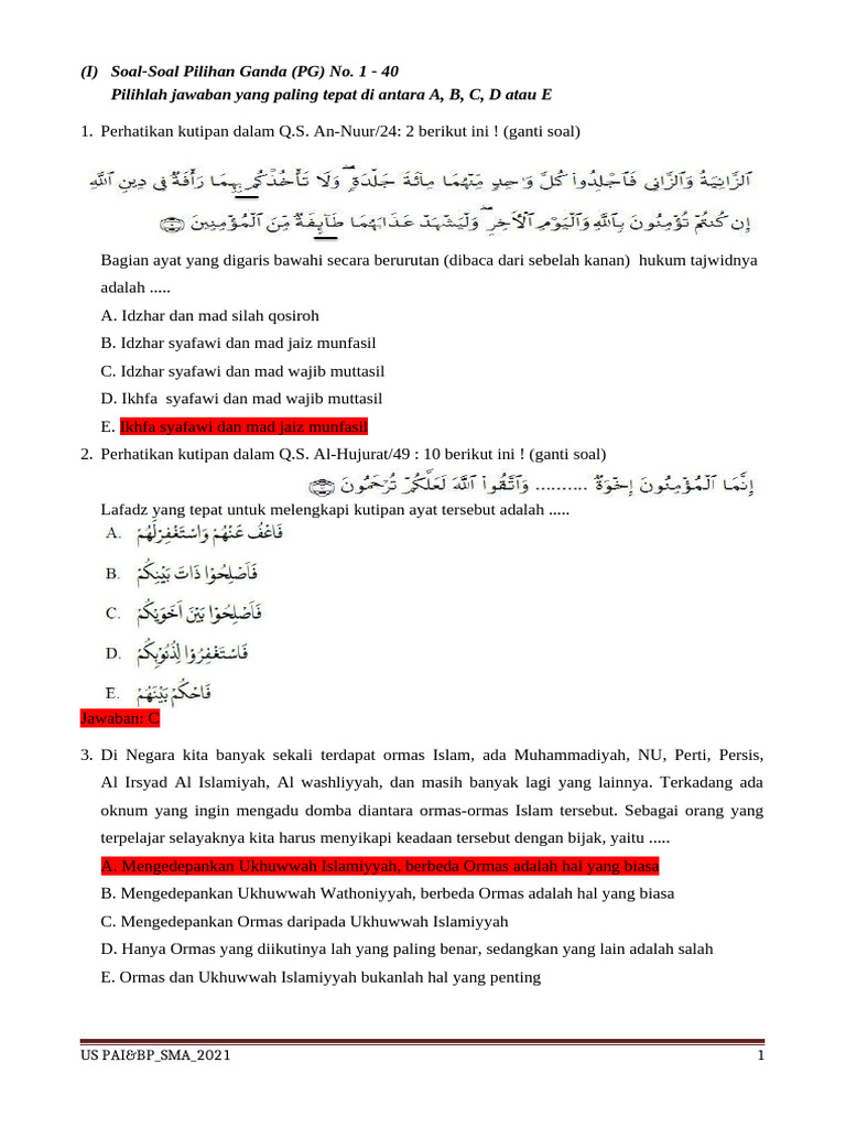 Soal PG PAI untuk SMA 2021 | PDF
