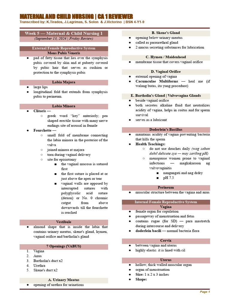Day 5 & 8 Maternal & Child Nursing | PDF | Vagina | Labia