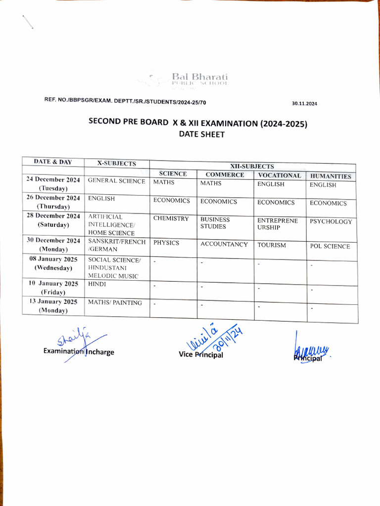 Second Pre Board Date Sheet 2024 | PDF