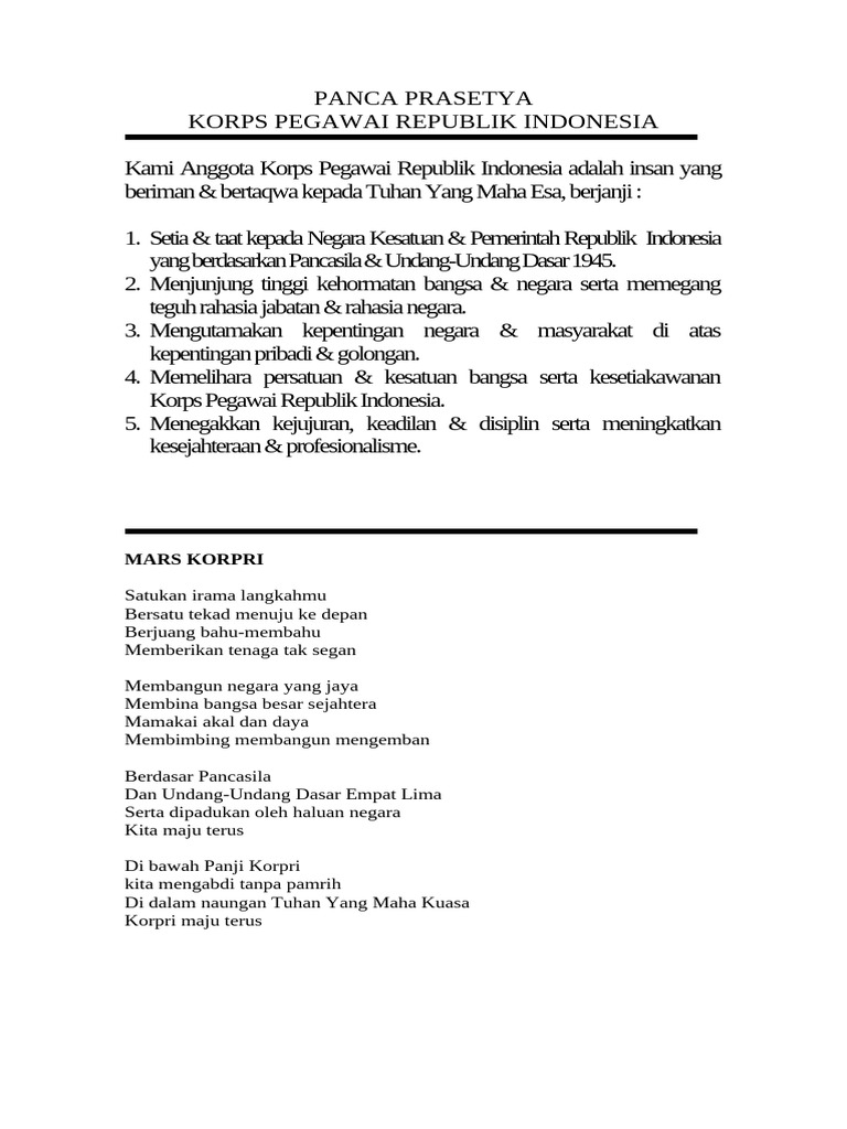 PANCA PRASETYA KORPRI dan MARS KORPRI | PDF