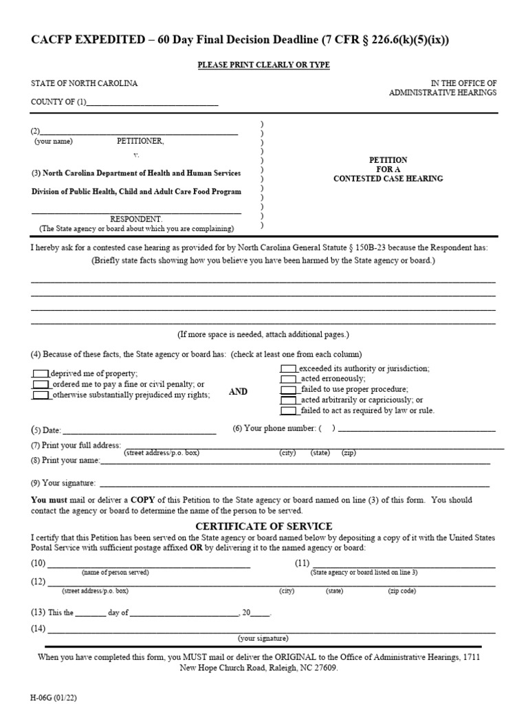 Petition For Contested Case Hearing CACFP Jan 2022 - 0 | PDF | Mail | Fax