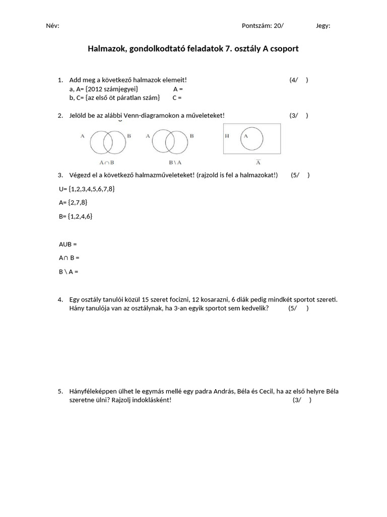 1Halmazok dolgozat 7G - AB | PDF