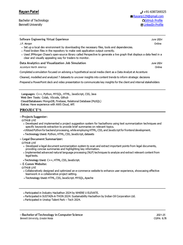 Resume Ray an Patel | PDF | Java Script | Html