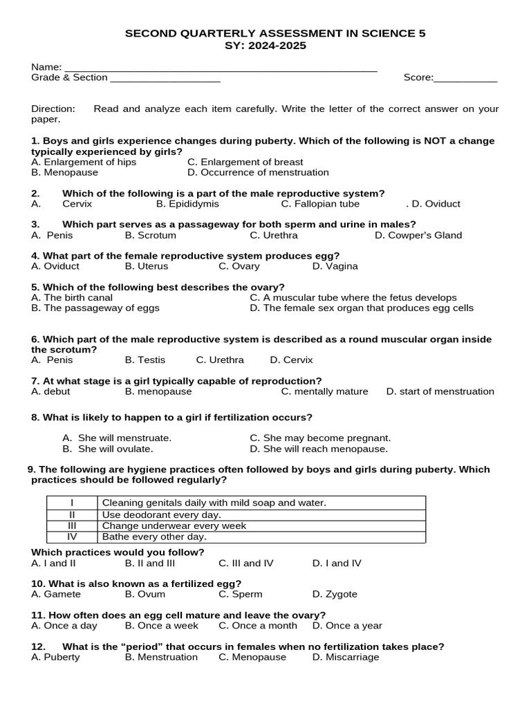 Science 5 Quarterly Assessment 2024-2025 | PDF | Flowers | Reproductive ...
