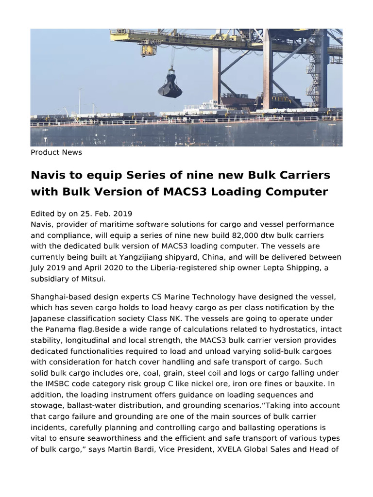 Navis to equip Series of nine new Bulk Carriers with Bulk Version of MACS3 Loading Computer ...