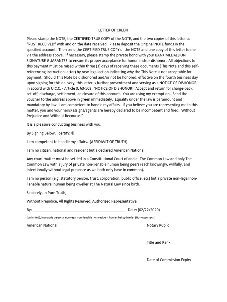 Letter of Credit Instructions and Notice | PDF | Government | Common Law