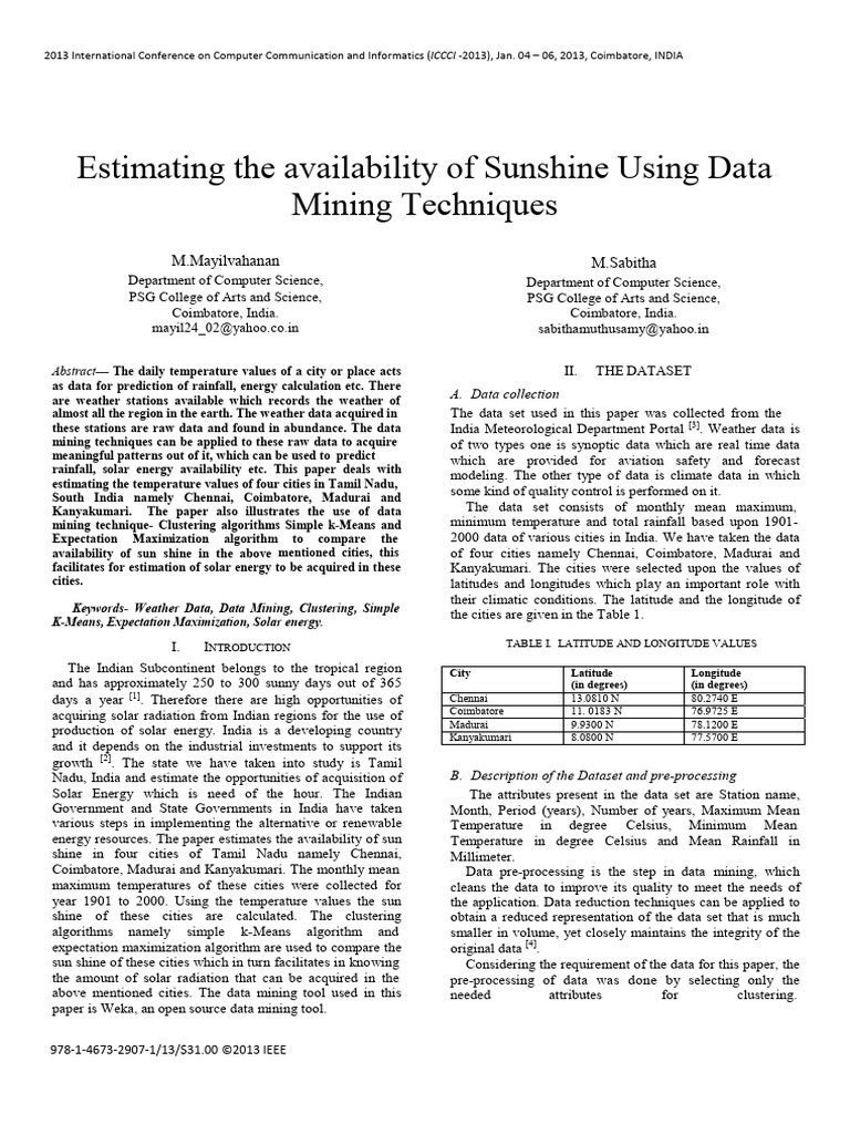 Estimating The Availability of Sunshine Using Data Mining Techniques | PDF | Cluster Analysis