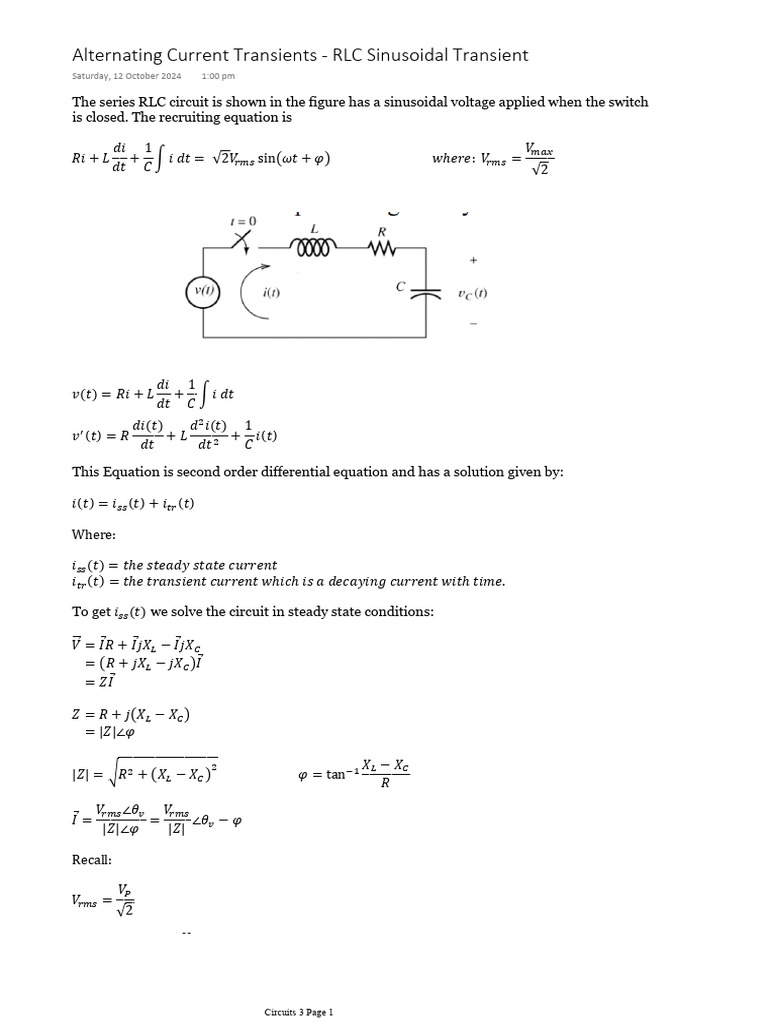 Alternating Current Transients - RLC Sinusoidal Transient | PDF