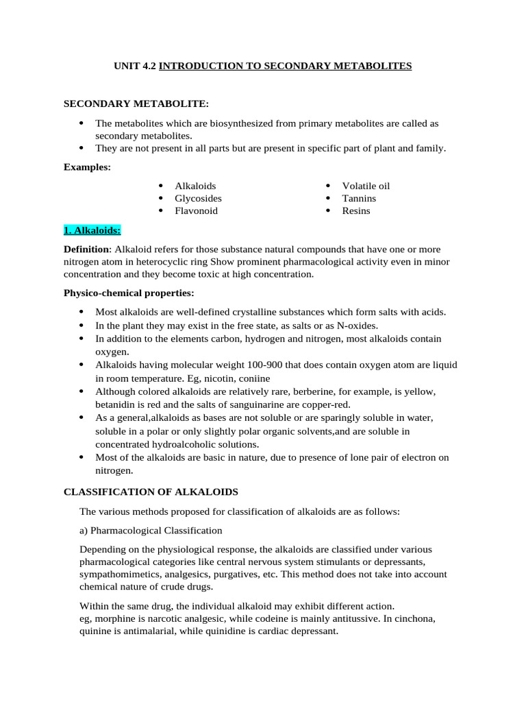 UNIT 4.2 Secondary Metabolite | PDF | Alkaloid | Resin