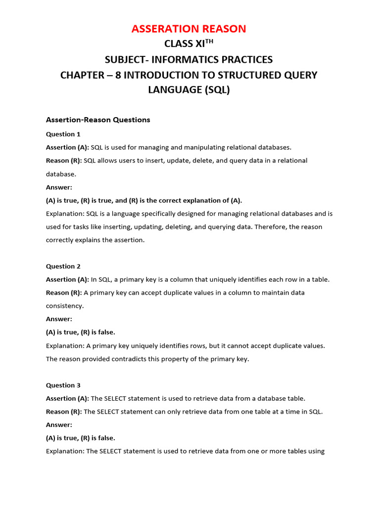 Class 11 Asseration Reason Informatics Practices CHP 8 (2024-25) | PDF | Relational Model | Sql