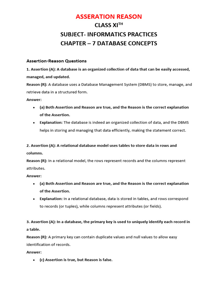 Class 11 Asseration Reason Informatics Practices CHP 7 (2024-25) | PDF | Relational Model ...