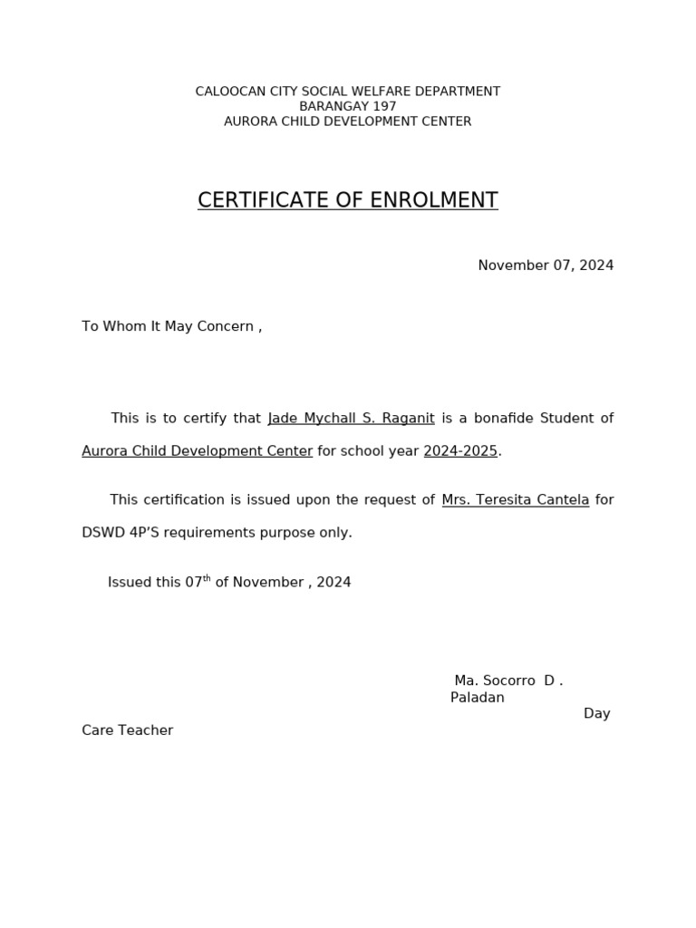 CCSWD - Certification of Enrollment | PDF