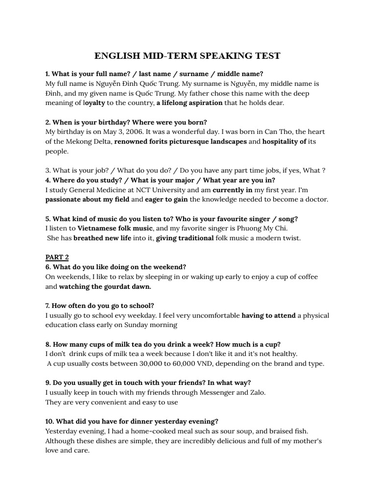 English Mid-Term Speaking Test | PDF