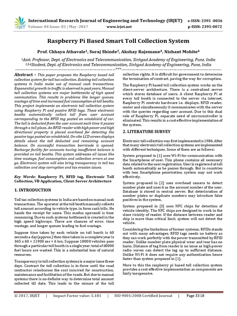 Raspberry Pi Based Smart Toll Collection | PDF | Radio Frequency ...