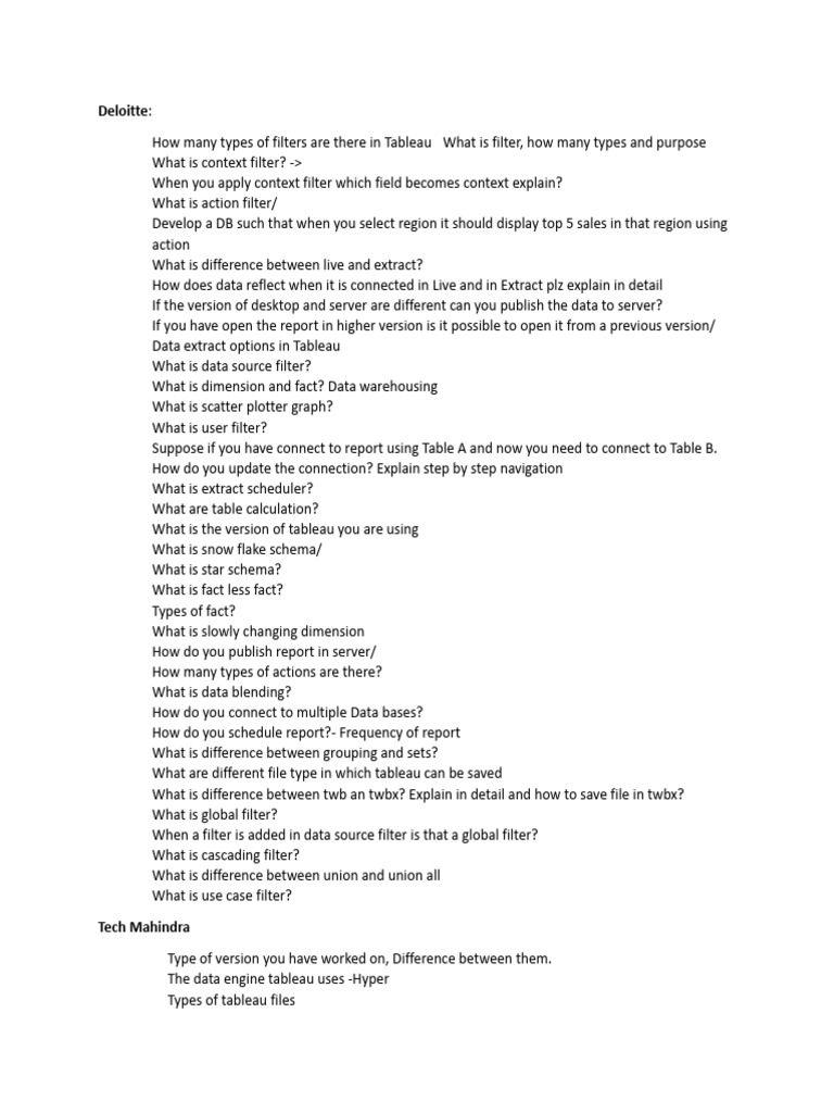 Tableau 100 Interview Questions.doc | PDF | Chart | Software Tableau 100 Interview Questions.doc | PDF | Chart | Software