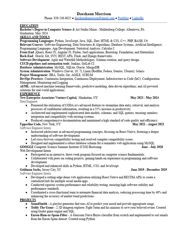 Daeshaun Morrison's Tech Resume | PDF | Databases | Web Development