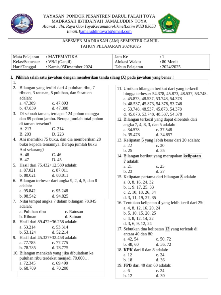 SOAL MTK KLS 5 | PDF