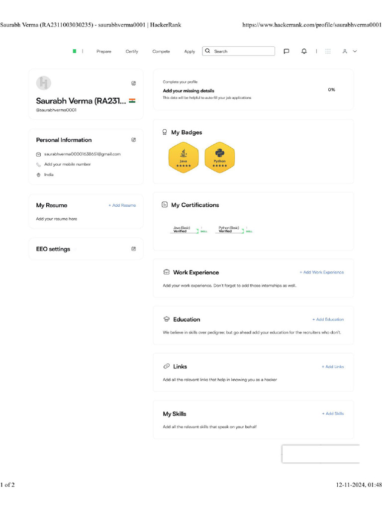Saurabh Verma (RA2311003030235) - HackerRank | PDF