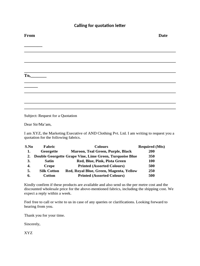 Calling For Quotation Letter-Example | PDF
