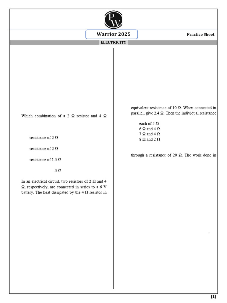 Electricity - Practice Sheet - Warrior 2025 | PDF | Series And Parallel Circuits | Electrical ...