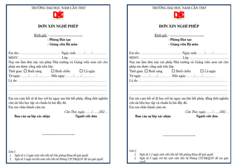 Mau Don Xin Nghi Phep Danh Cho Sinh Vien | PDF