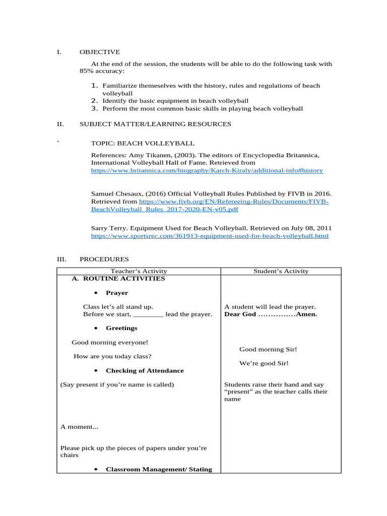 Detailed Lesson Plan | PDF | Volleyball