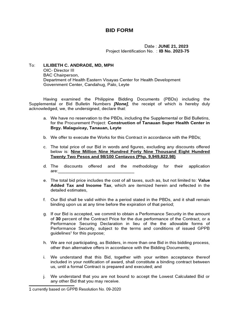 Bid Form for Health Center Projects | PDF