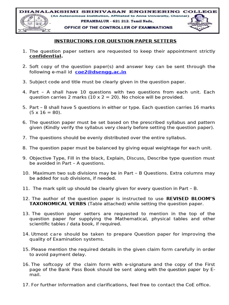Instructions To The Question Paper Setters | PDF