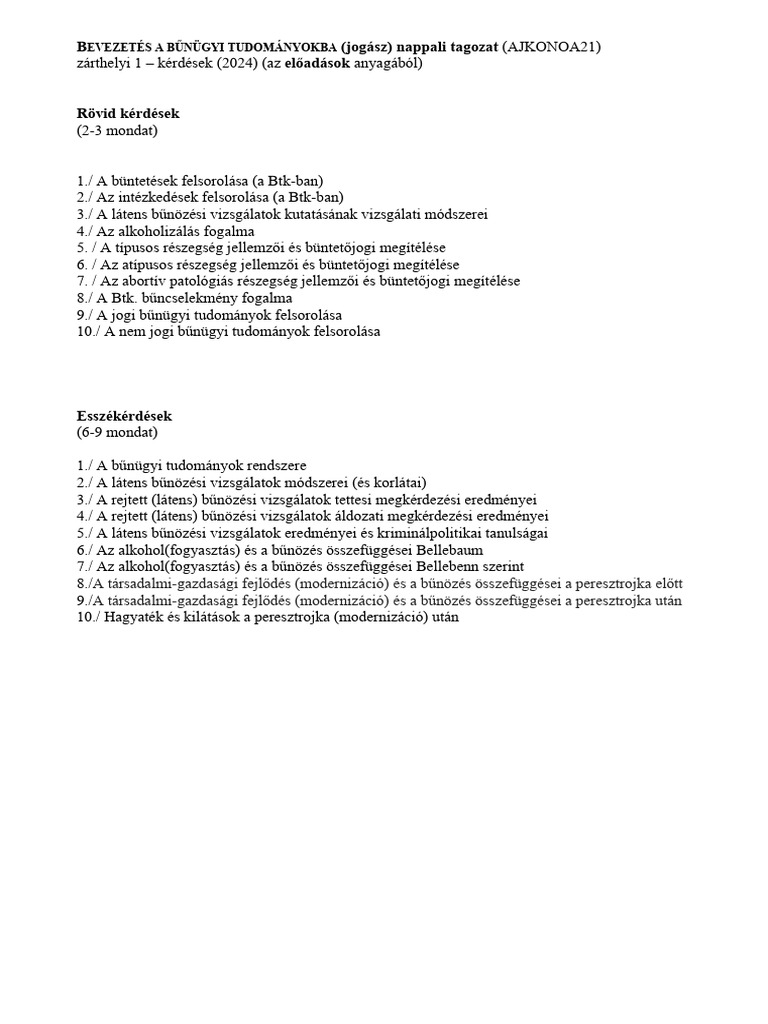 BBT-nappali Jelenléti Zárthelyi 1-Kérdések - 2024 PDF | PDF