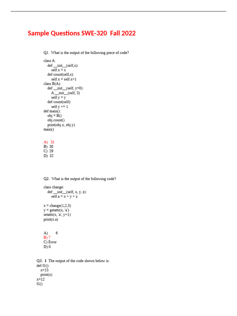 Sample Questions SWE 320 Fall 2022 | PDF | Computer Programming ...