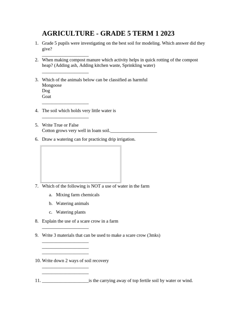 Grade 5 Agriculture Term 1 Questions | PDF