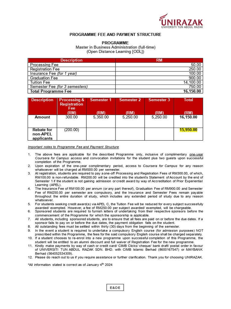 Mba (Odl) FT Programme Fee and Payment Structure 2024 | PDF | Fee ...