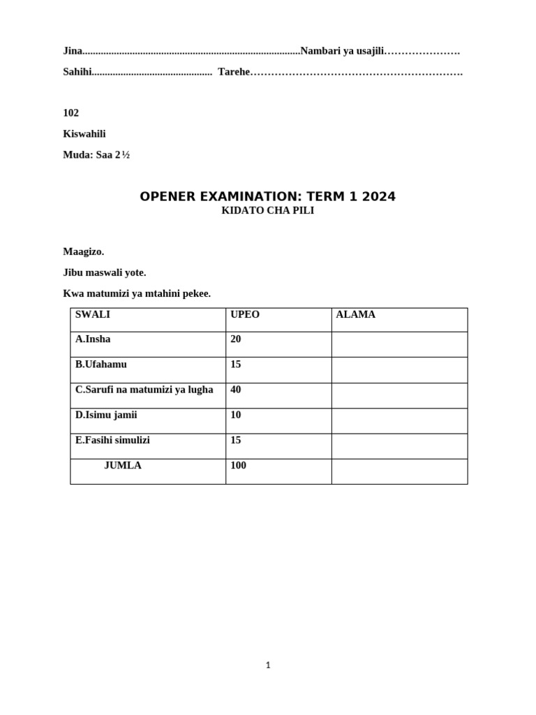 Kiswahili F2 Exam Term 1 Qs - Teacher - Co - .Ke | PDF