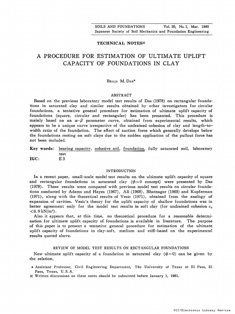 A Procedure For Estimation of Ultimate Uplift Capacity of Foundations ...