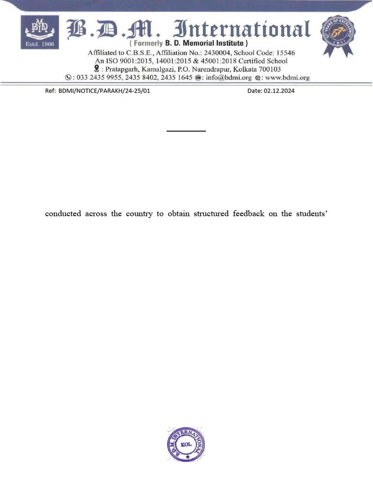 Parakh Exam Notice for Grades VI & IX | PDF